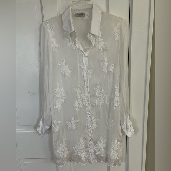 Angela Moda | Tops | Angela Moda 0 Silk White Floral Embroidered Sheer ...